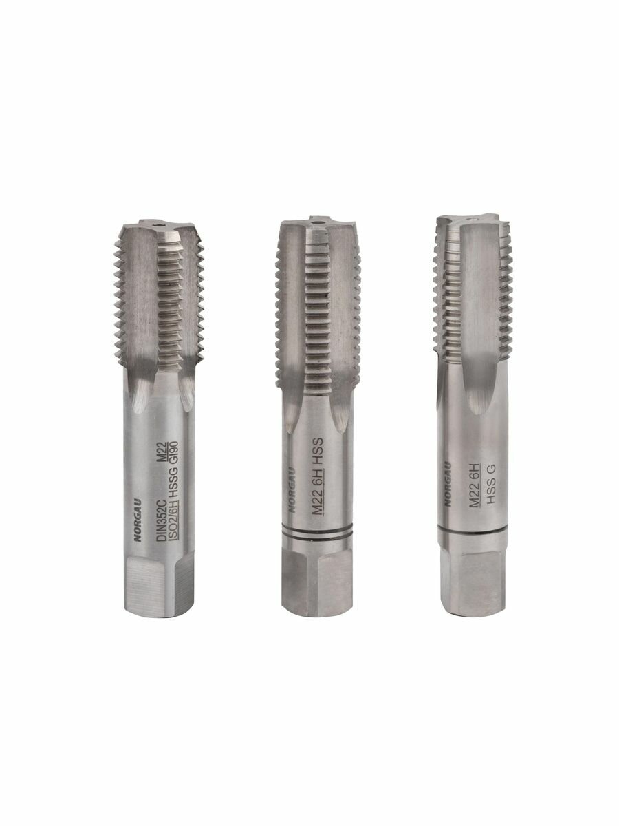 Набор метчиков NORGAU Industrial M 22 из HSS-G (W6% Mo5%), по стали, чугуну и цветным металлам, 3 предмета.