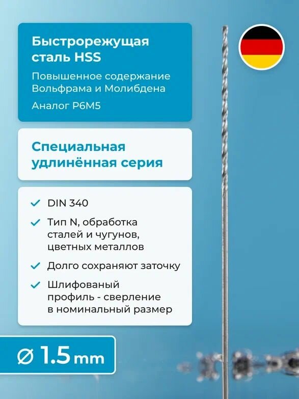 Сверло по металлу 1.5 мм NORGAU Industrial HSS удлинённое, шлифованное, с центрирующей подточкой перемычки, правое, DIN 340