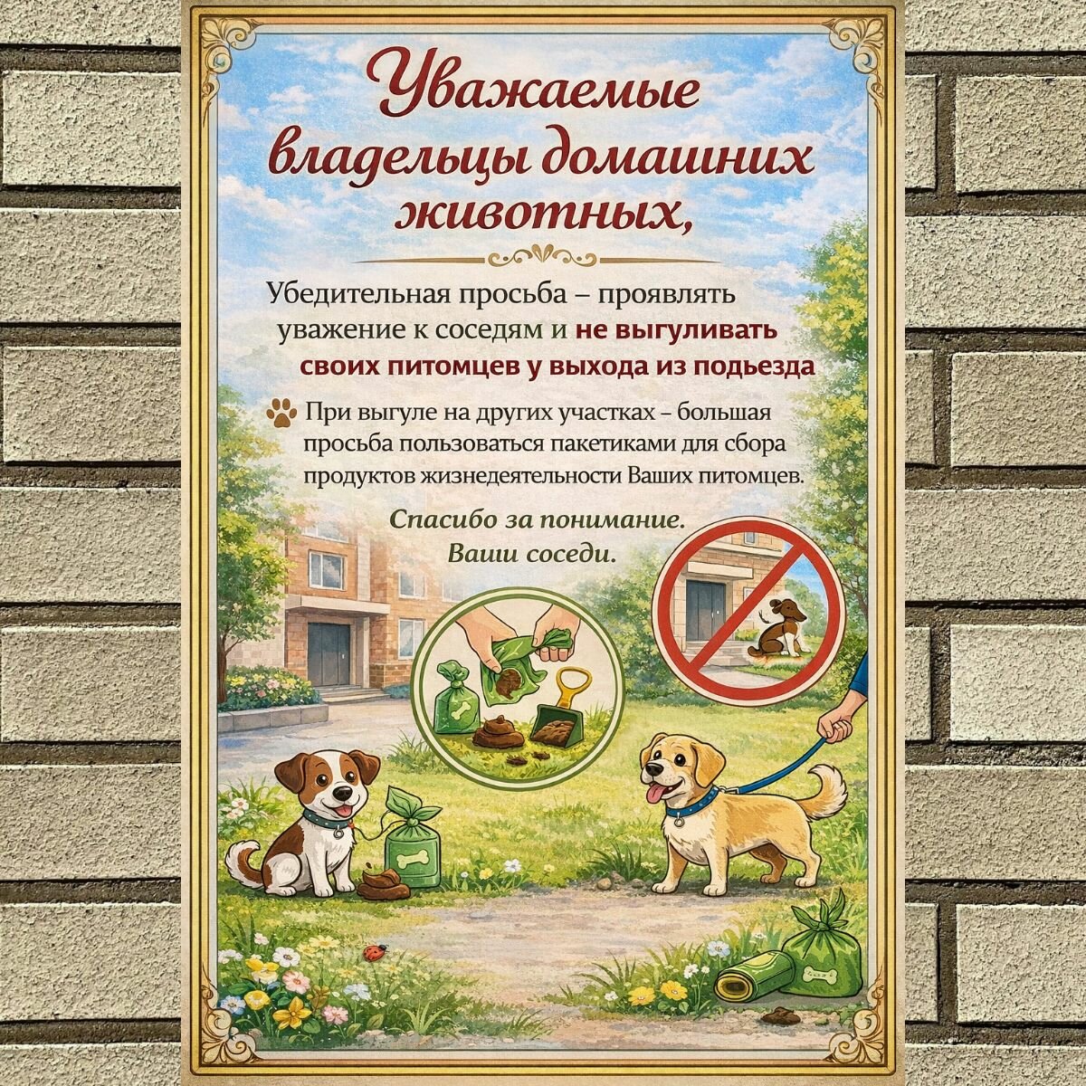 "Просьба убирать за собакой для подъезда: Не выгуливать у входа". Самоклеящаяся табличка для ТСЖ и УК
