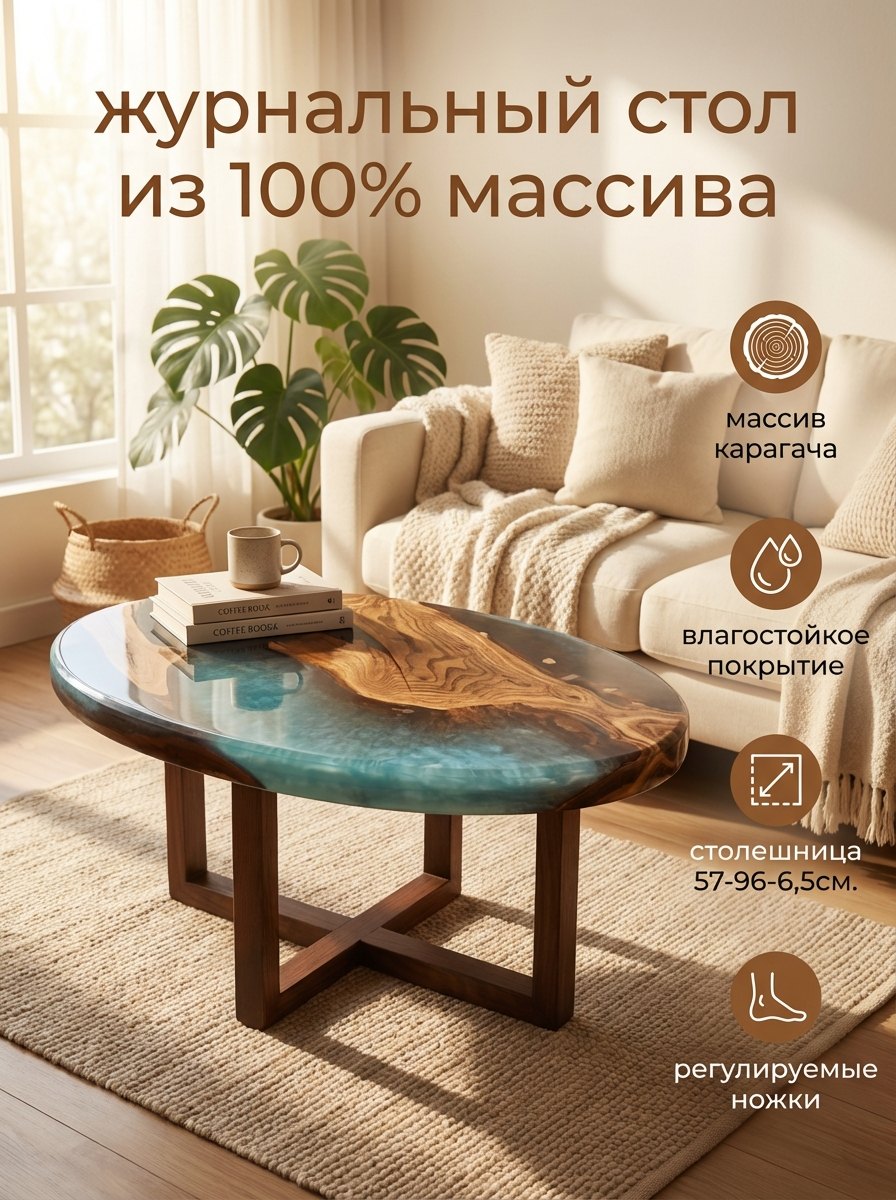 Журнальный столик Vamstol 57-96-49 см. стол лофт из массива карагача, стол из эпоксидной смолы