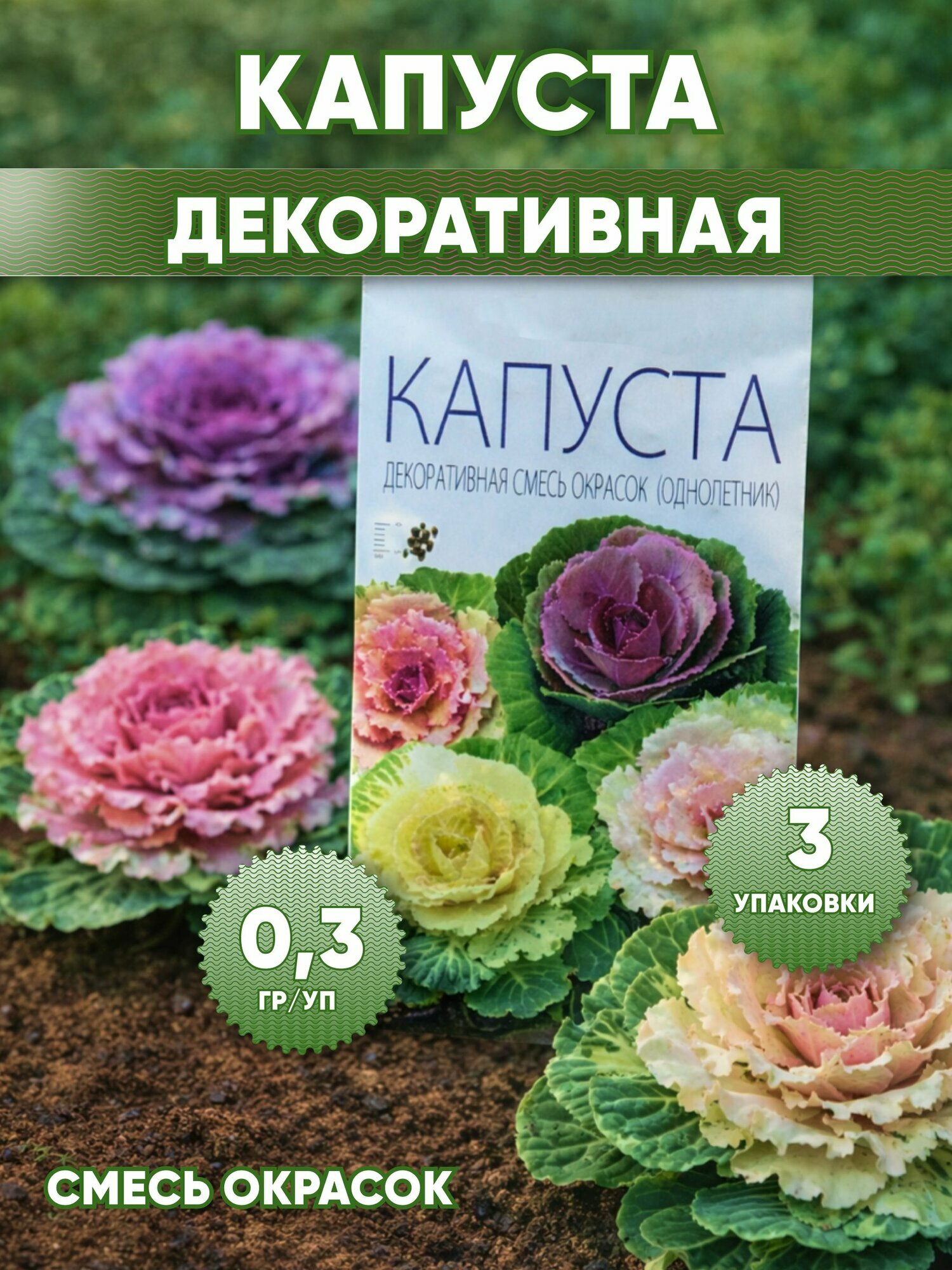 Семена Капуста декоративная Смесь окрасок 0,3г/3уп