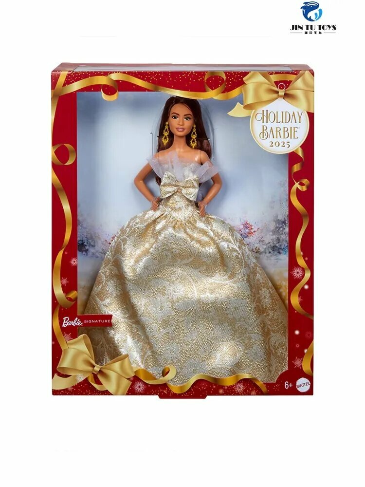 Mattel Barbie Barbie's Holiday 2025 Latina Brown Hair Doll / Праздничная кукла Барби с каштановыми волосами, подходящая в качестве подарка и коллекции для детей старше 6 лет