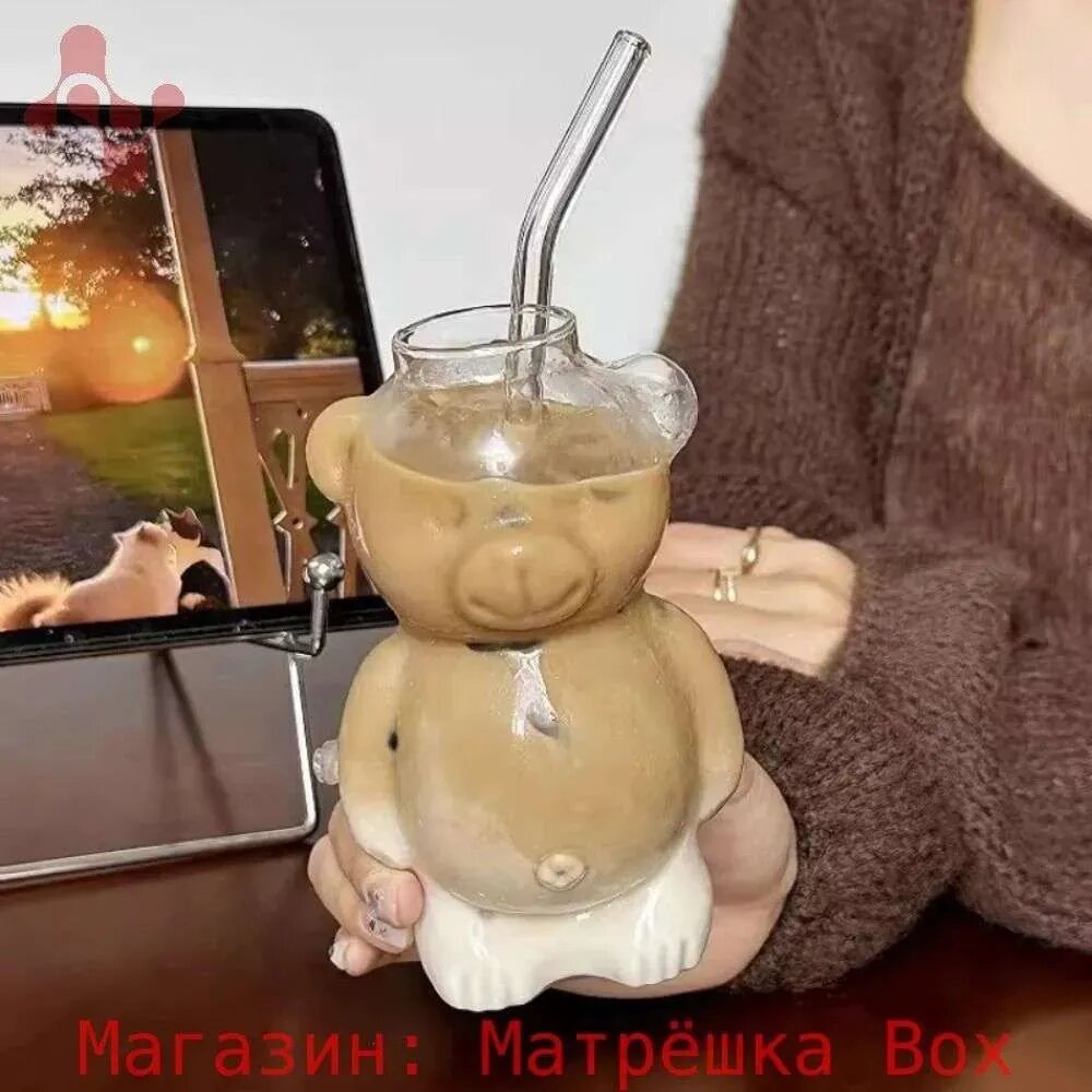 Графин в форме медведя, стеклянный графин для воды с соломинкой, прозрачный кувшин для напитков — фото 1
