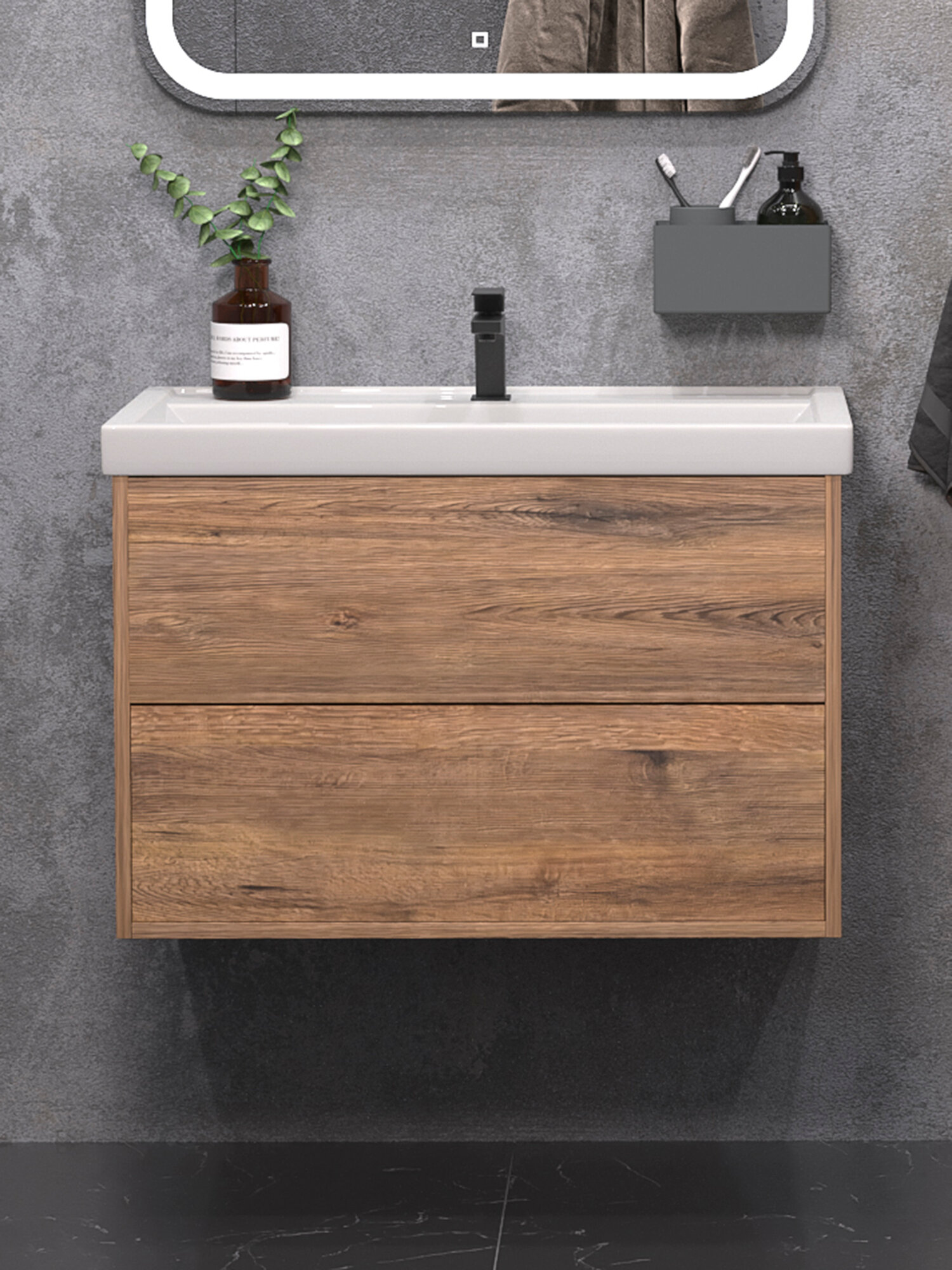 Тумба подвесная SanStar Siva 70 с раковиной Фостер 70 (комплект) для ванной комнаты, Дуб веллингтон табак