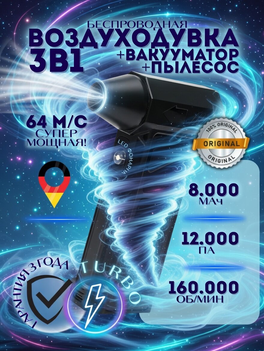 Воздуходувка URBANWURTH, аккумуляторная, Li-Ion, всасывание, обдув, для ПК и авто