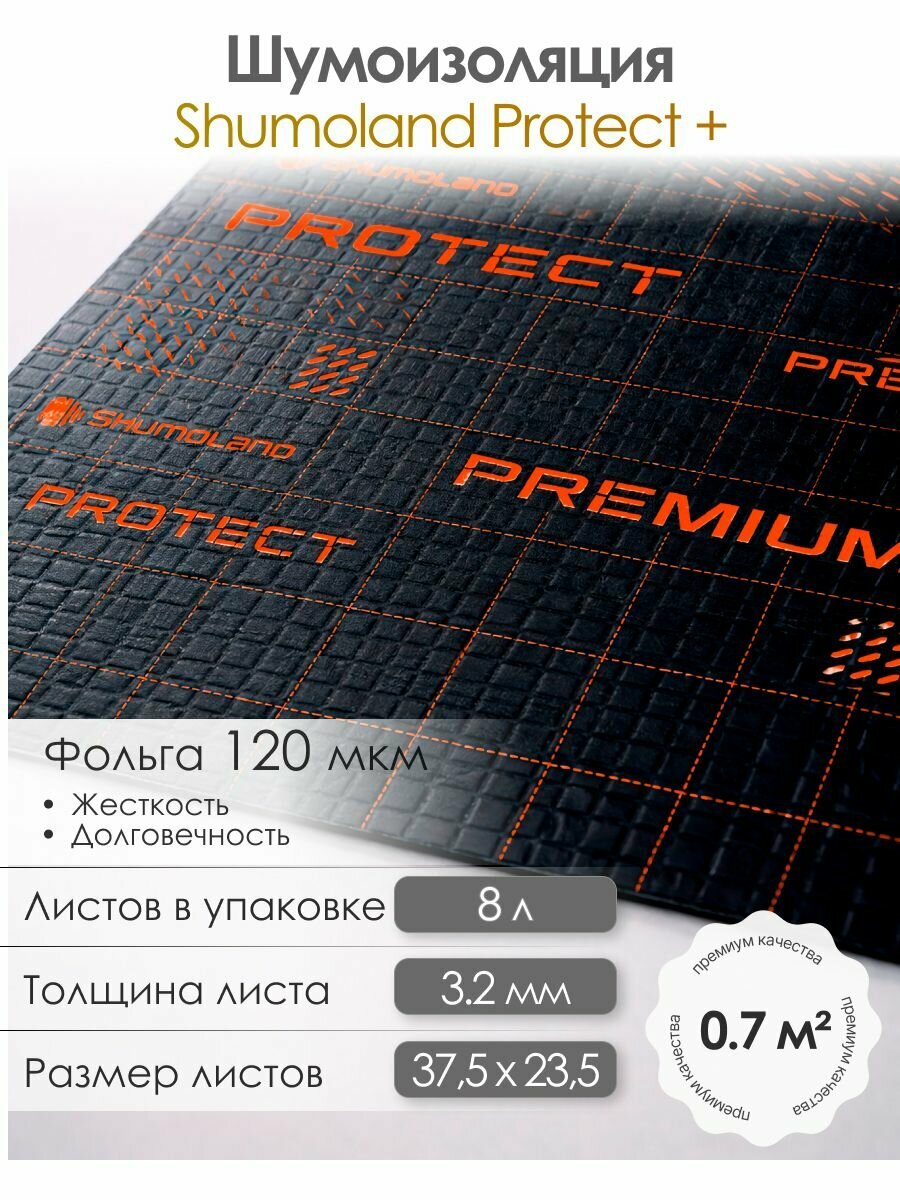 Шумоизоляция для автомобиля 3,2мм Shumoland Protect Plus(37,5х23,5см) - 8 листов, виброизоляция авто
