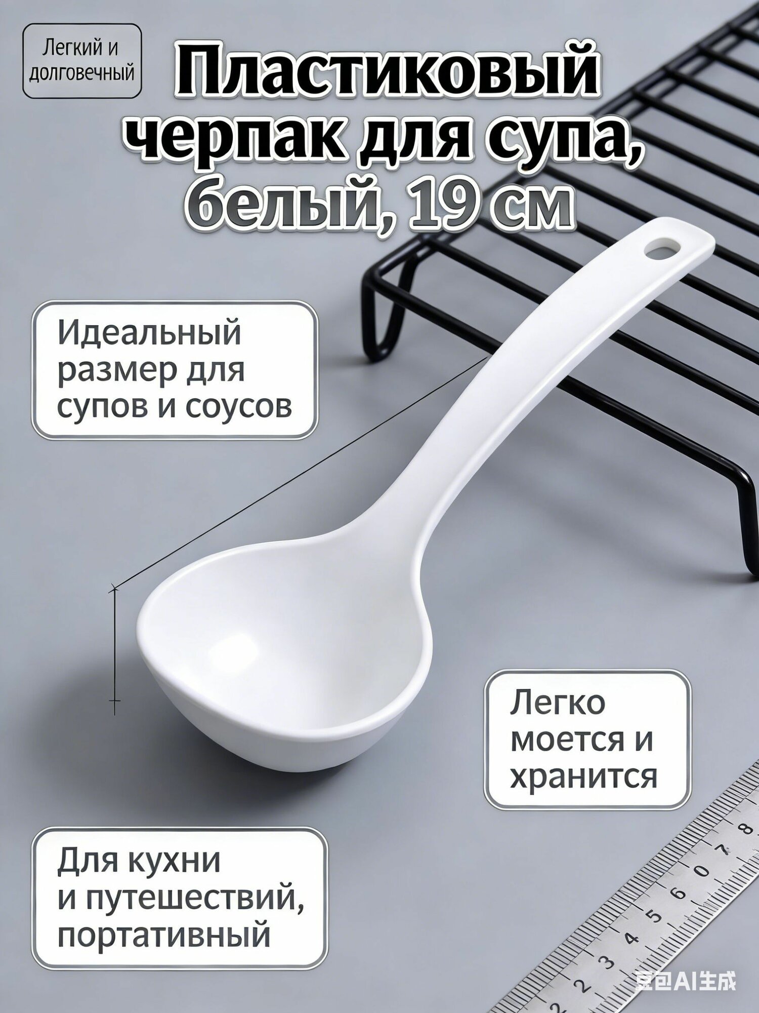 Половник кухонный пластиковый, 19 см, белый черпак для супа и соуса, маленькая поварешка с отверстием для подвешивания