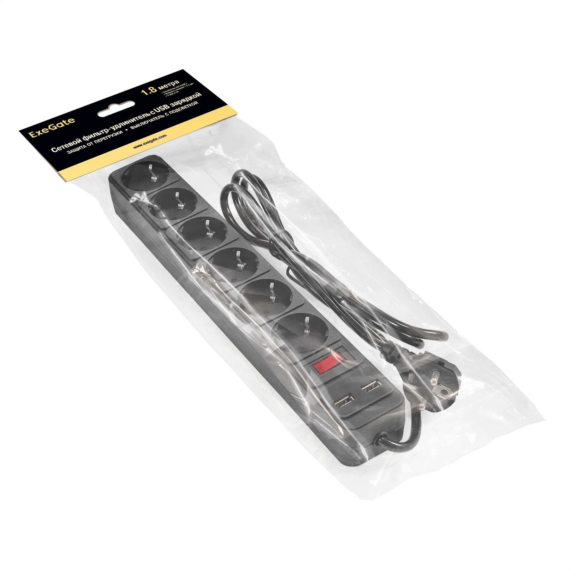 Сетевой фильтр-удлинитель с USB зарядкой ExeGate SP-6-USB-1.8B (6 евророзеток с заземлением, 2 USB-A 2A, 1.8м, защита от перегрузки, выключатель с подсветкой, черный)