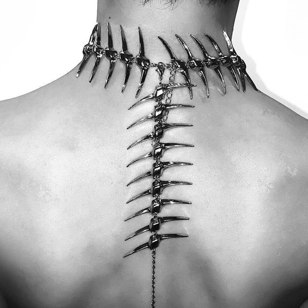 Серебряные Шипы Регулируемое Ожерелье С Цепочкой Из Рыбьей Кости Сзади Футуристические Украшения Из Сюрреалистического Сплава