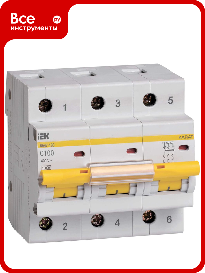 Автоматический модульный выключатель IEK 3п C 100А ВА 47-100 10кА ИЭК MVA40-3-100-C для распределения потоков жидкостей