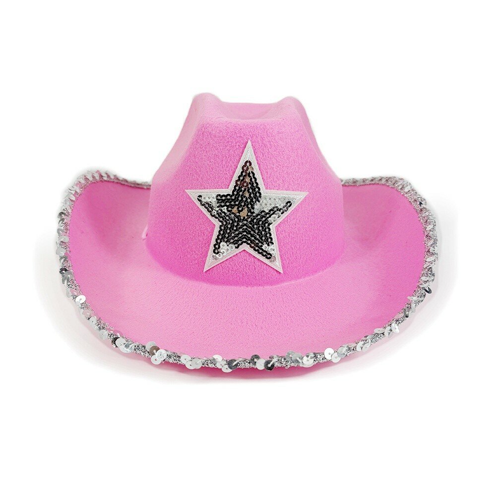 Cowboy hat pink cotton with pearl edge and star decor for cosplay and festive gatherings style u
