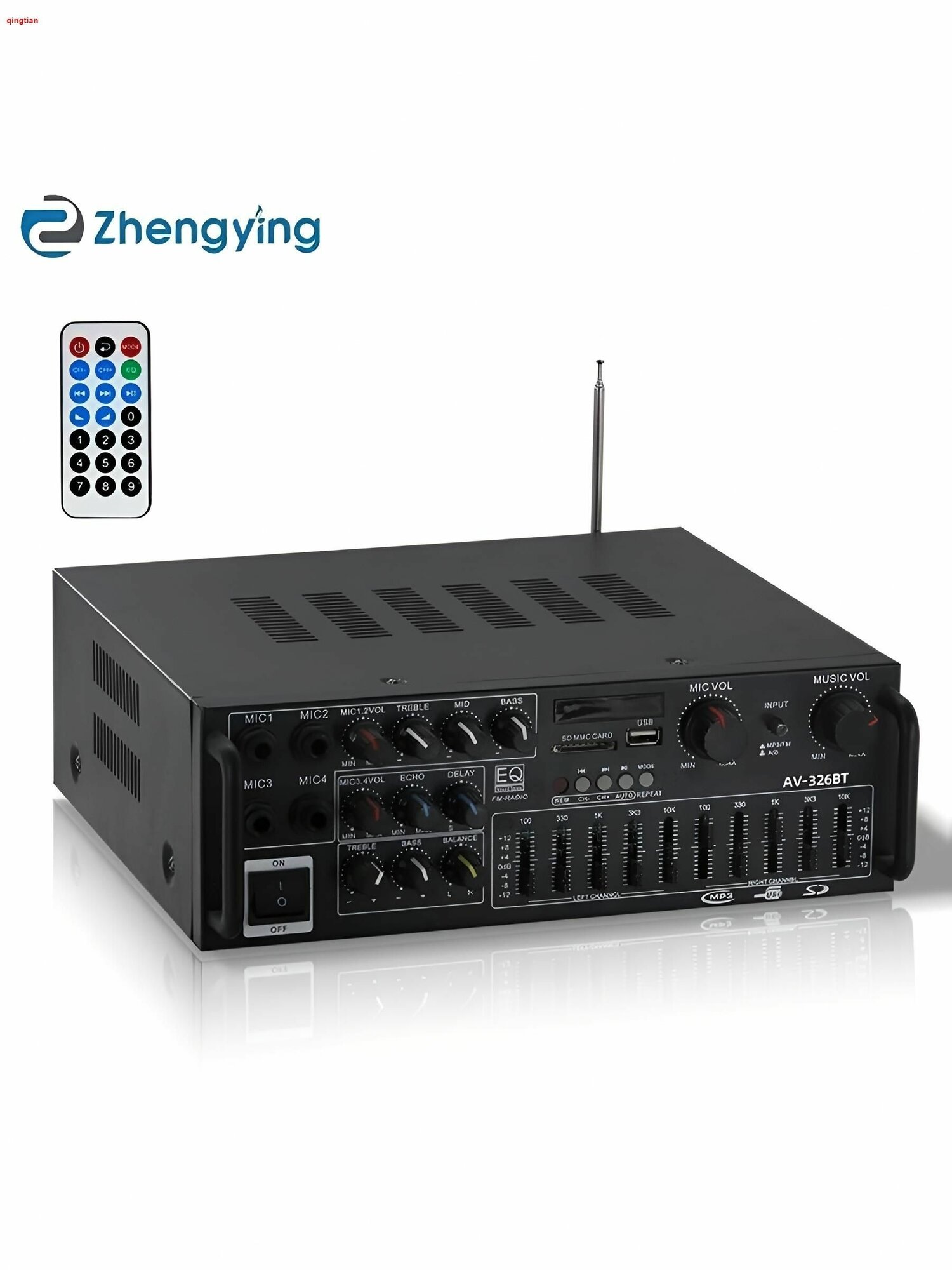 Мощный стерео усилитель 200W+200W AV-326BT - домашний/автомобильный/портативный с Bluetooth 5.0, эквалайзером, входом для микрофона (караоке), питание 12V/220V, Hi-Fi звук (20Hz-20kHz)