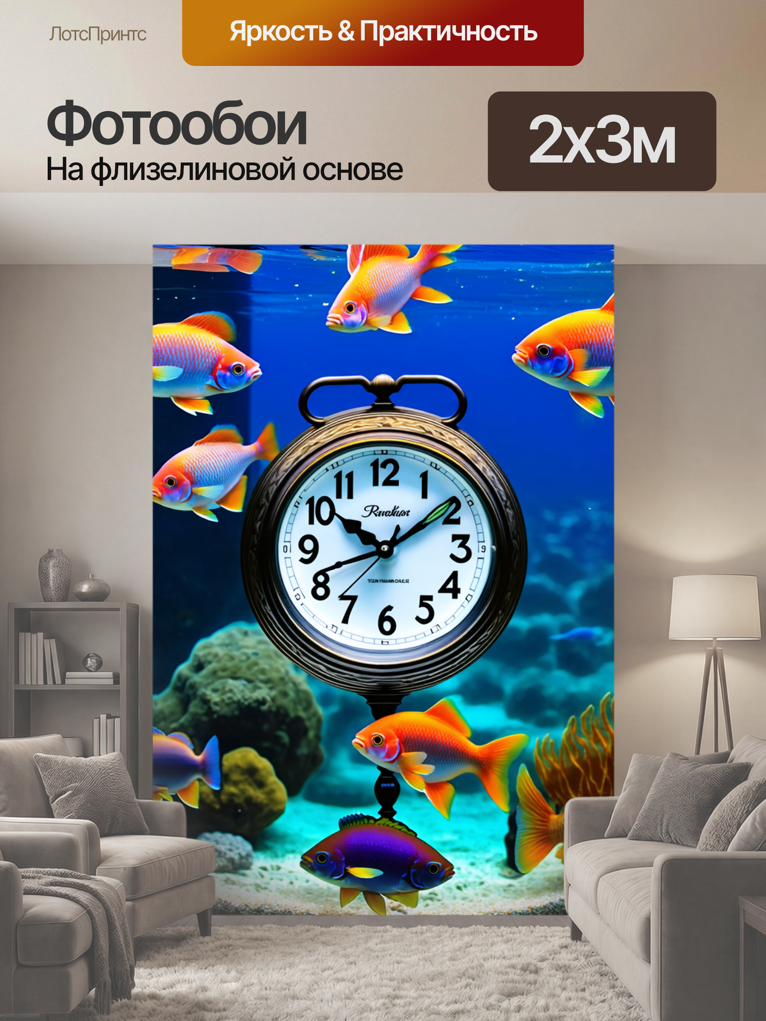 Фотообои "Часы-аквариум с живыми рыбками, плавающими вокруг циферблата, расположенные в яркой морской обстановке, создающие атмосферу спокойствия и уединения." 200x300 см. экосольвентная печать