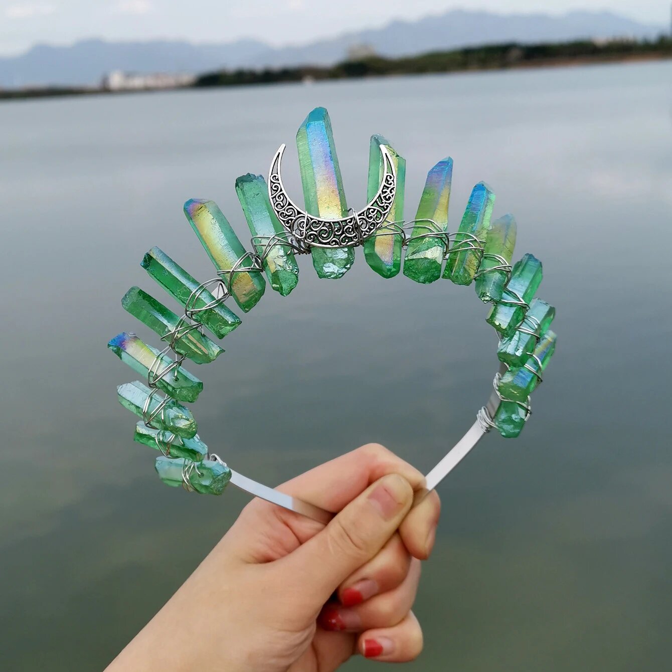 Изумрудная тиара с хрустальными кристаллами и луной, Greensilver