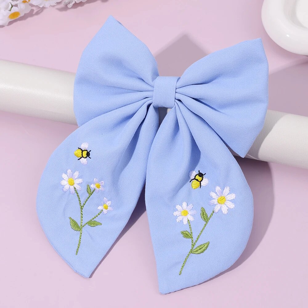 Заколки для волос с бантом и вышивкой пчелы, милый цветок, белый бантик, заколки для волос, blue