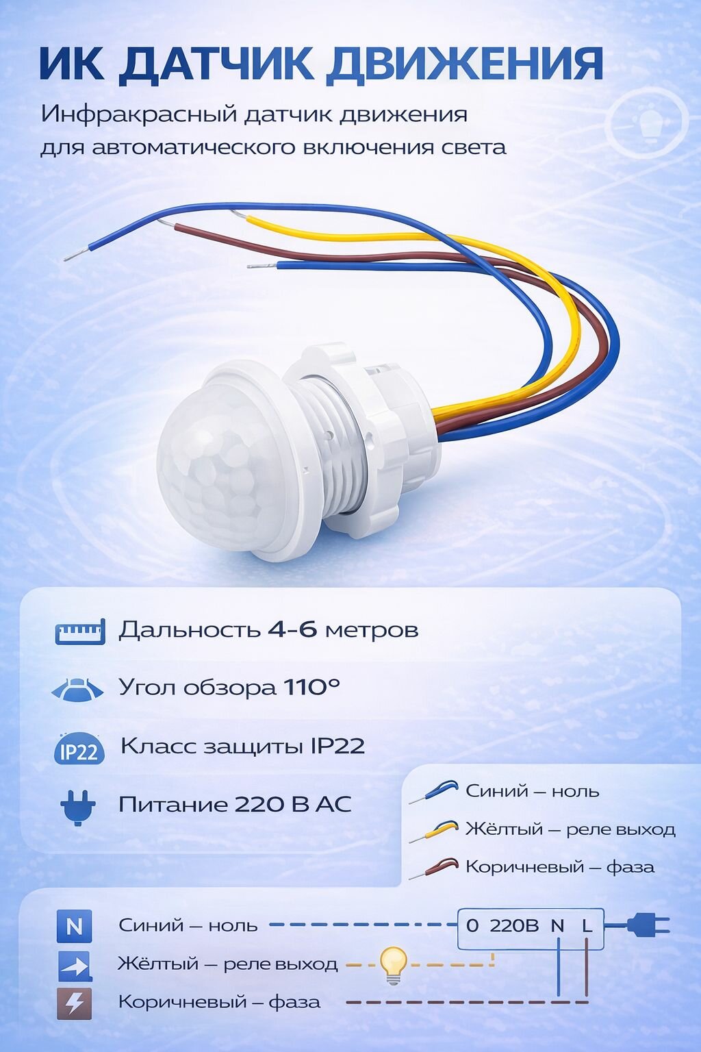 Инфракрасный (ИК) датчик движения, дальность 4-6 метров, угол обзора 110', IP22, 220В (Н)