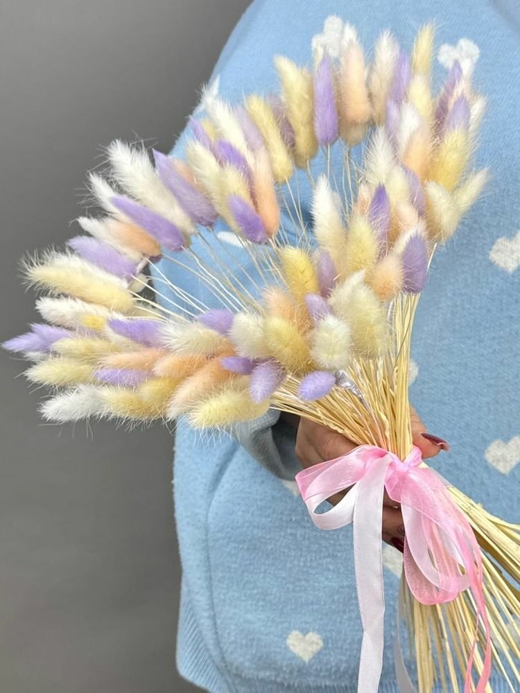 Букет "Сердце из Лагуруса", кремовый/светло-желтый/сиреневый