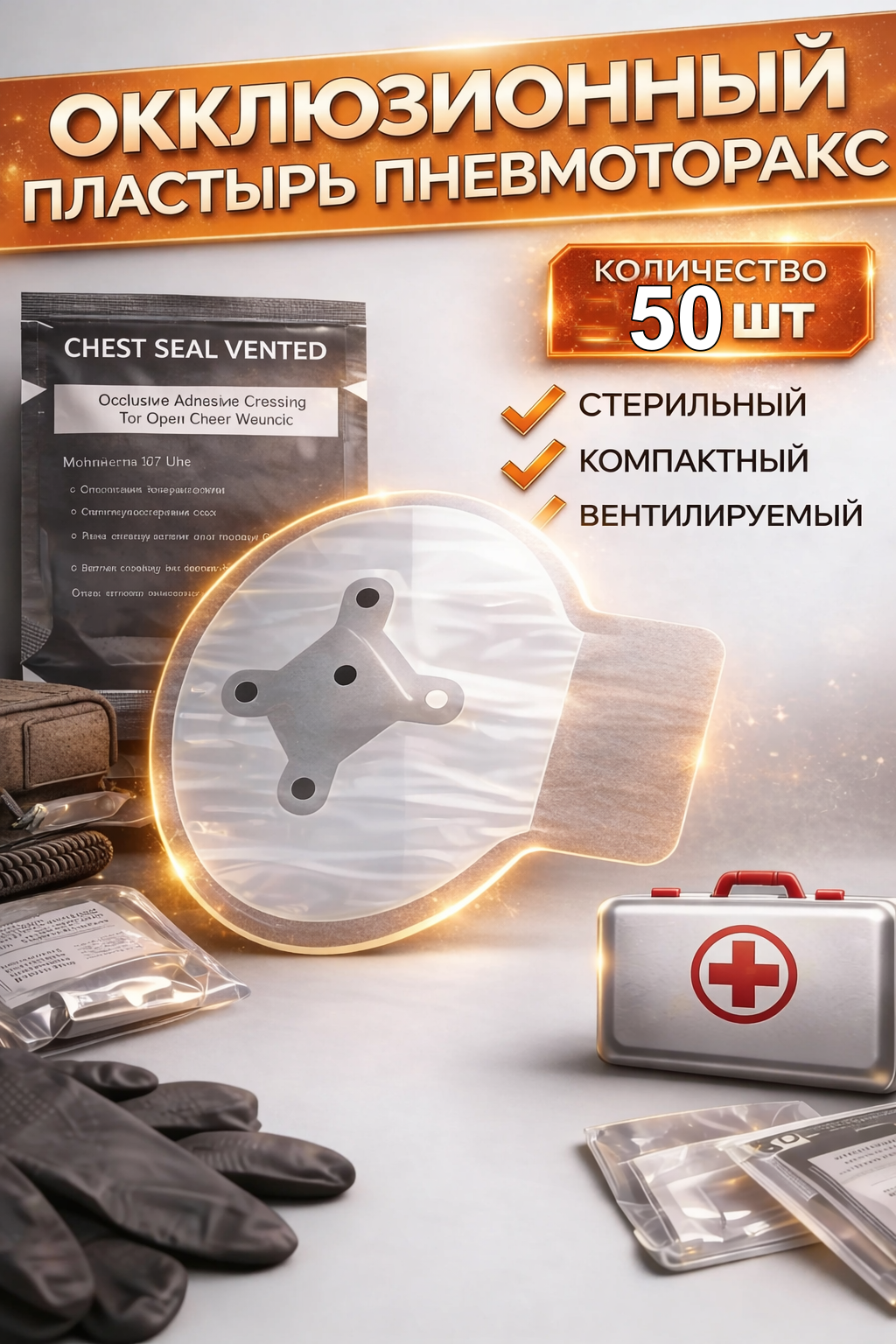 Окклюзионный пластырь вентилируемый тактический с клапаном на грудь от пневмоторакса, повязка на рану, 50 шт