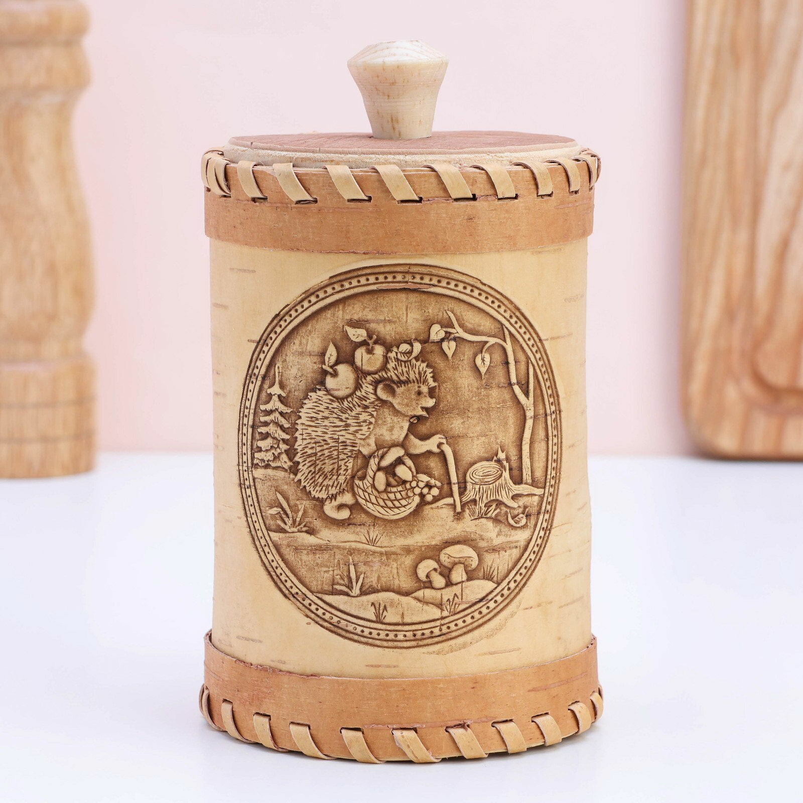 Туес "Ёжик", банка для хранения, 8x8x14 см, береста, назначение: для кофе и чая