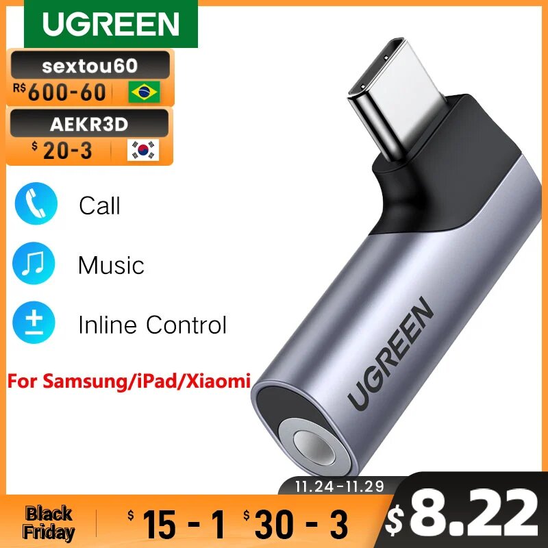 UGREEN USB-C на 3.5 мм адаптер для Samsung/Apple/Laptop, 90°