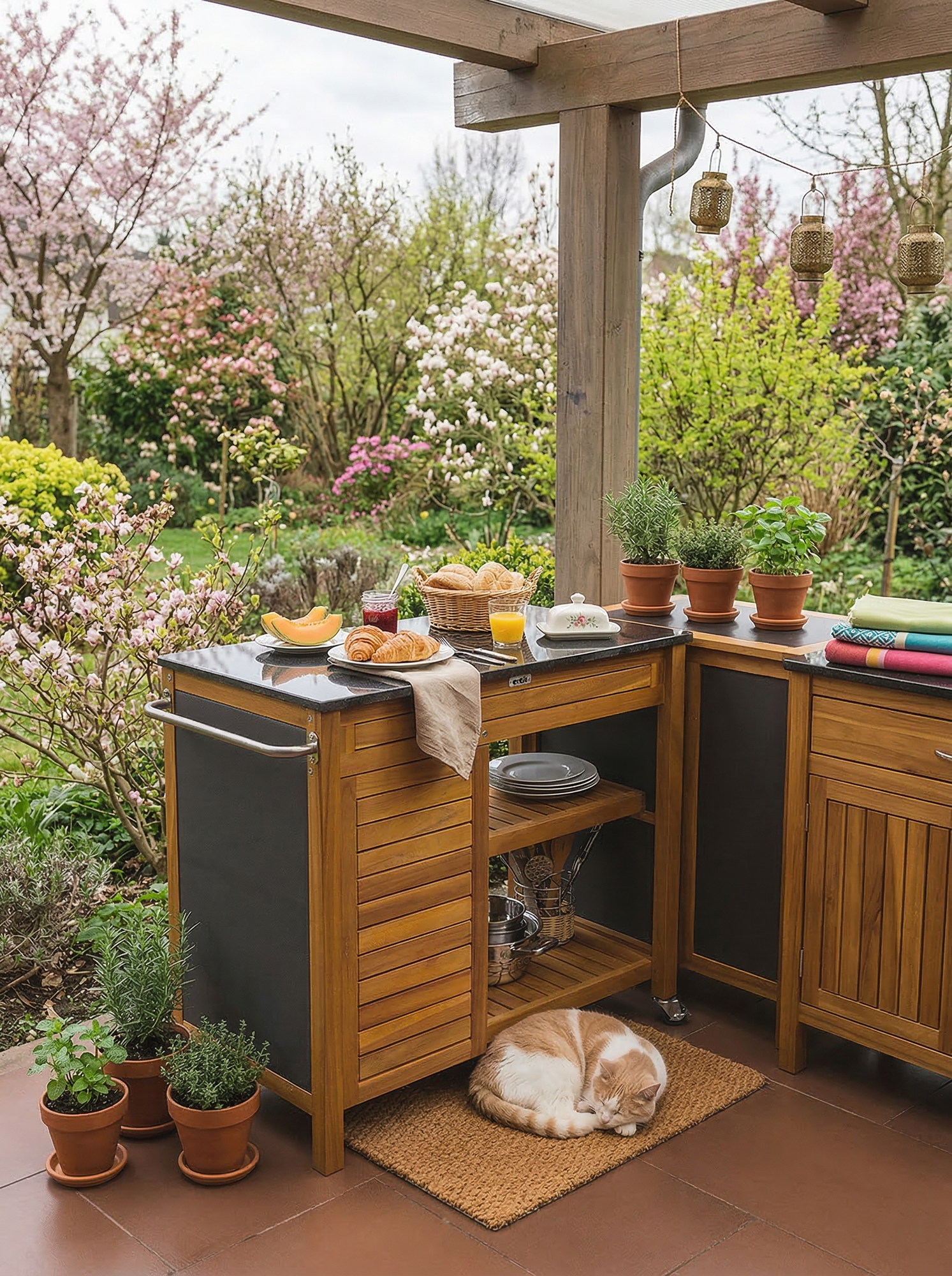 Садовая кухня на колёсах из акации и мрамора Гарден Китчен (Garden Kitchen), светлая акация