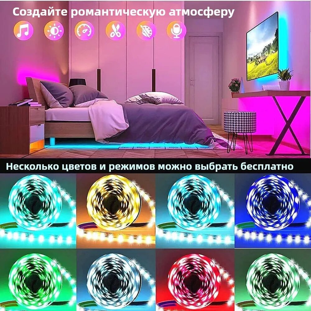Светодиодная лента RGB 10 метров, IP20, IP65, 300 LED, с пультом, для дома