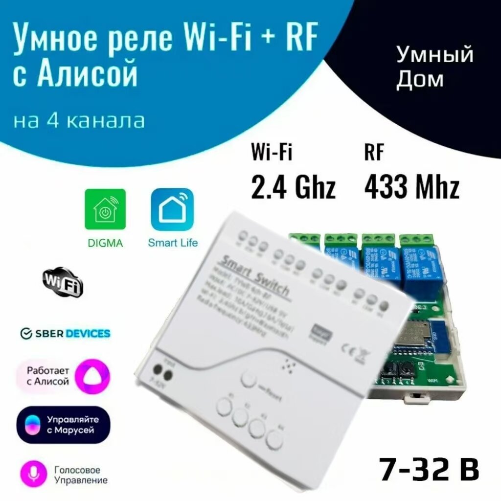 Реле умное, на 4 канала, 12В, Wi-Fi, RF 433МГц, IP20, серый Реле умное, на 4 канала, 12В, Wi-Fi, RF 433МГц, IP20, серый