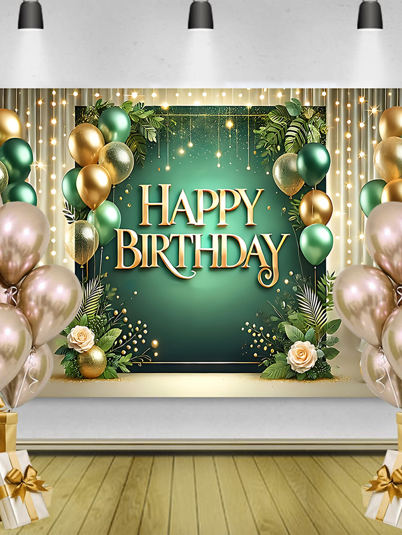 Фотофон "Happy Birthday" 150x100 см Полиэстерный декор для дня рождения (зеленый+золотой)