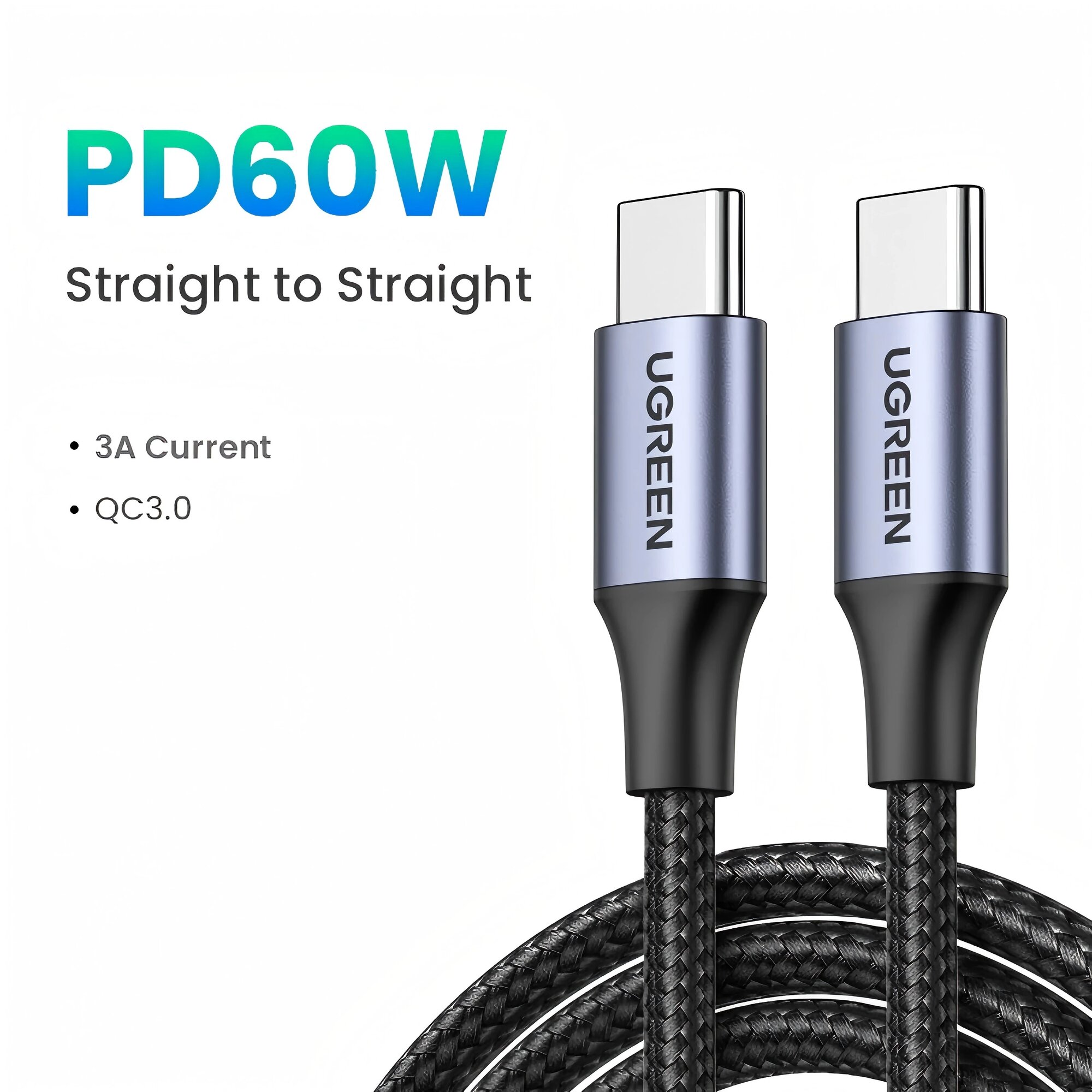 Кабель USB-C на Type-C UGREEN, 2 м, черный, PD60W, 3A