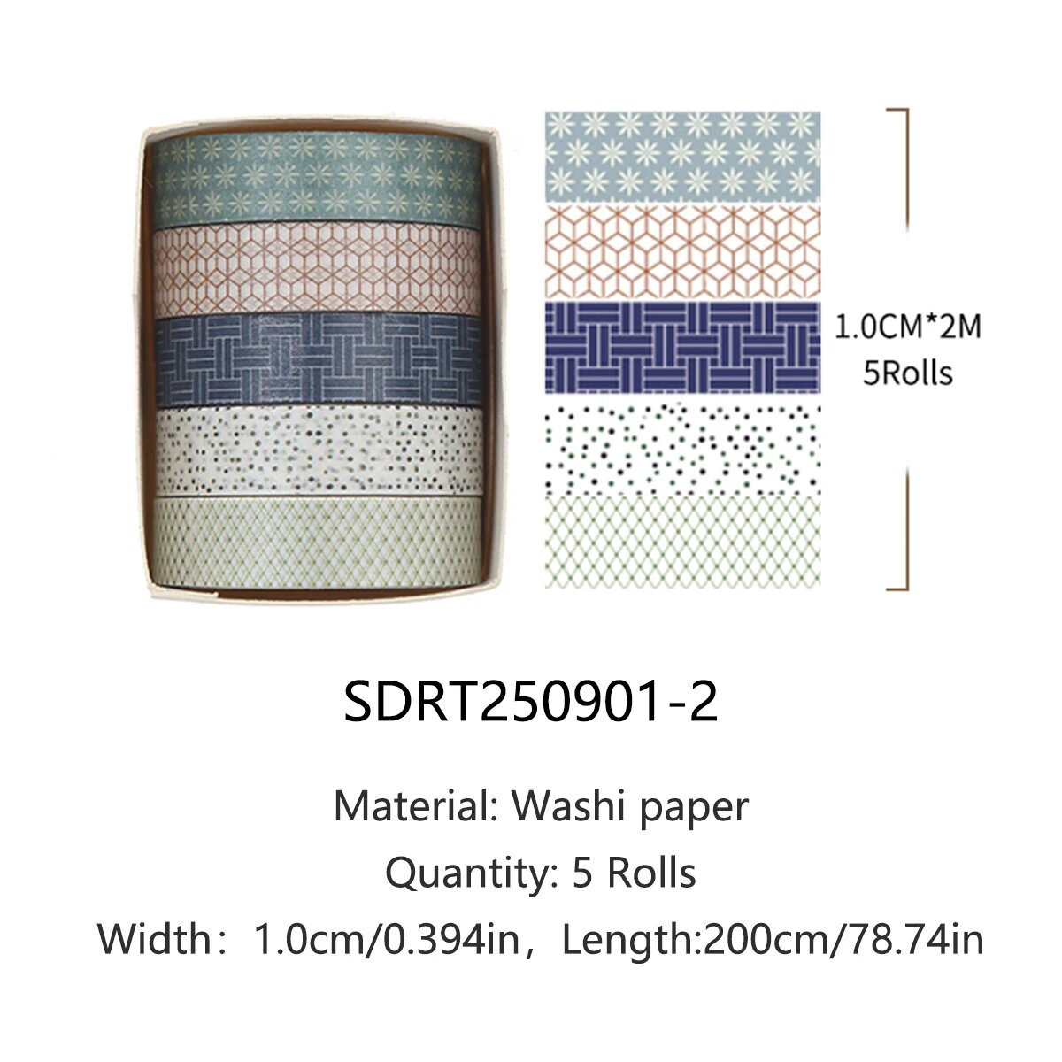 Washi лента 1.0см*2м, 5 роллов, SDRT250901-2