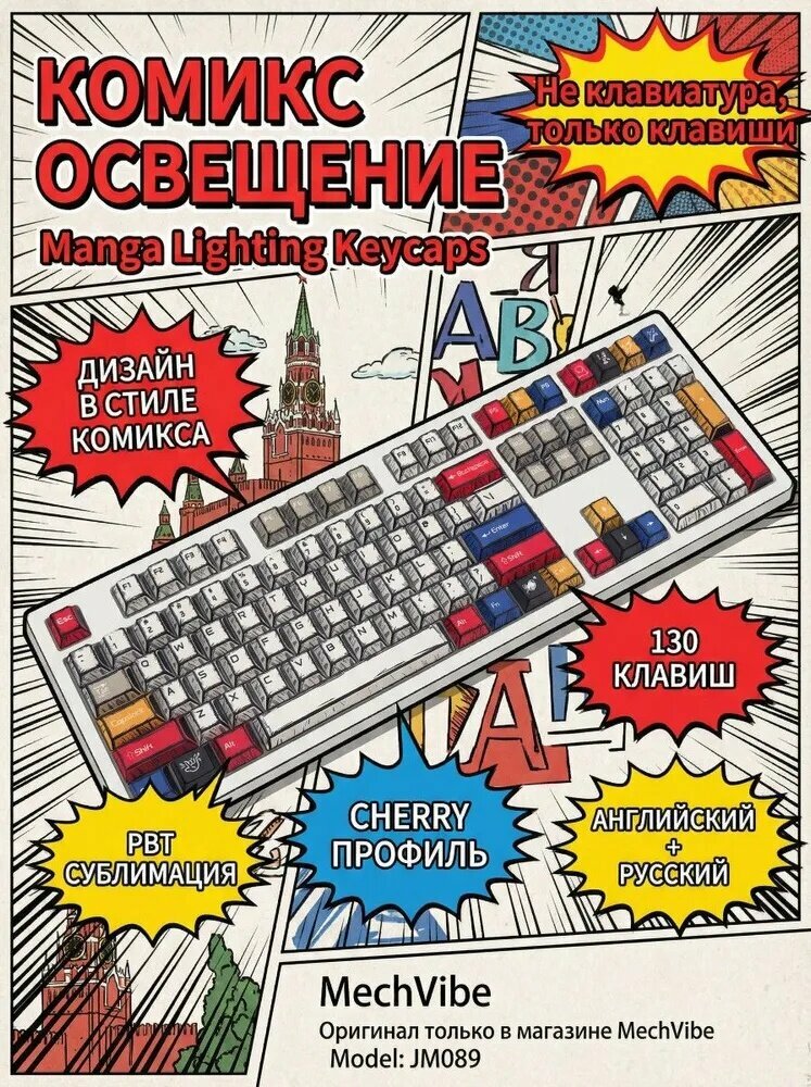 JM089 Кейкапы Manga Comic (Манга Комикс) для механической клавиатуры, PBT, Cherry Профиль, 130 клавиш, Русская Раскладка (RU/EN), Аниме / Черно-белый стиль