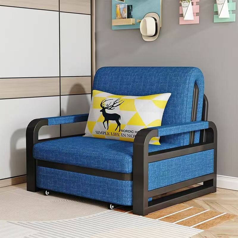 Кресло-кровать, раскладное, лен, Глубокий синий с чёрной рамой, с подлокотниками