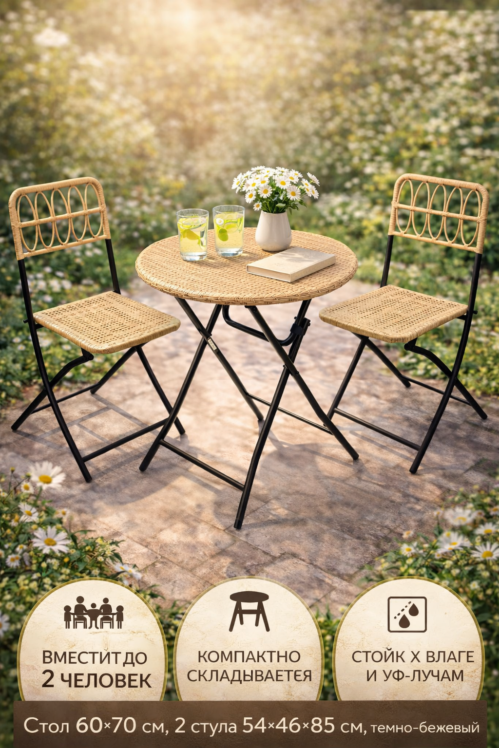 Набор садовой мебели складной "Дачная симфония": стол 60*70 см, 2 стула 54*46*85 см, бежевый