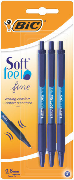 Шариковая ручка BIC SOFT FEEL тонкое письмо синяя уп. 3 шт.
