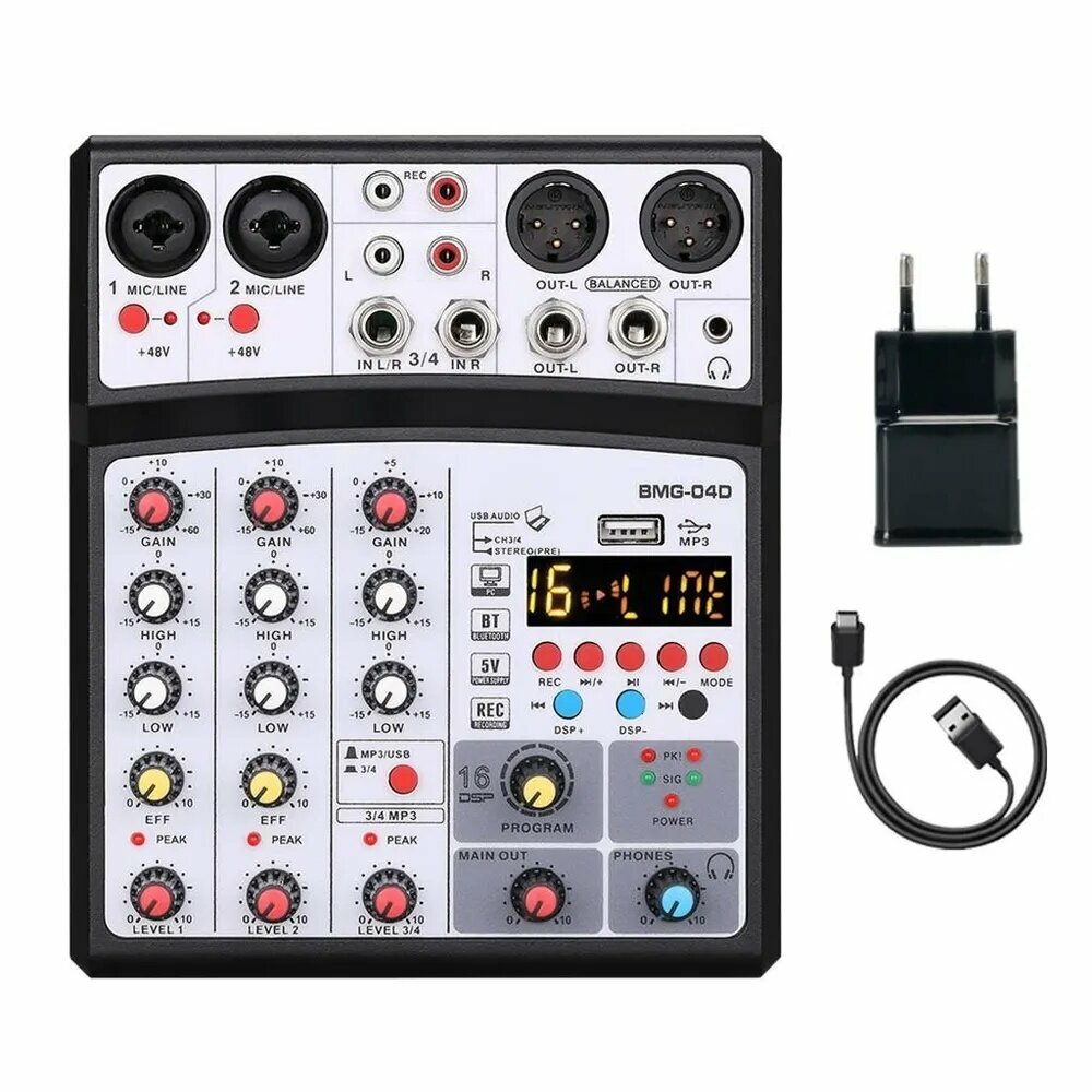 4-канальный интерфейс USB-интерфейс, Bluetooth-совместимый 48 В питания DJ Sound Controller с 16 эффектами DSP, Черный - Европейские правила