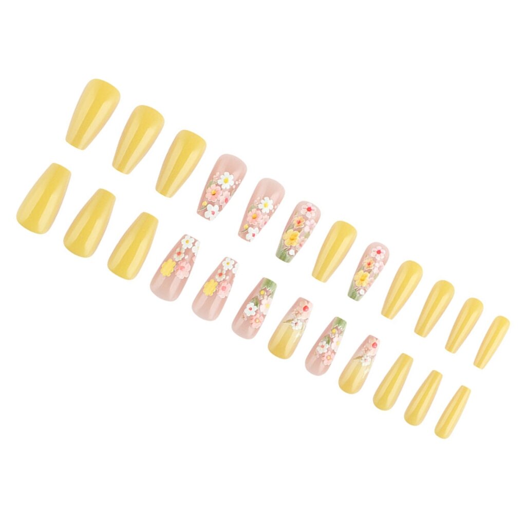 Короткий Квадратный Пресс на Ногтях Французские Типсы Поддельный Ноготь Полное Покрытие Накладного Ногтя с Цветочным Рисунком Искусственный Акриловый Ноготь