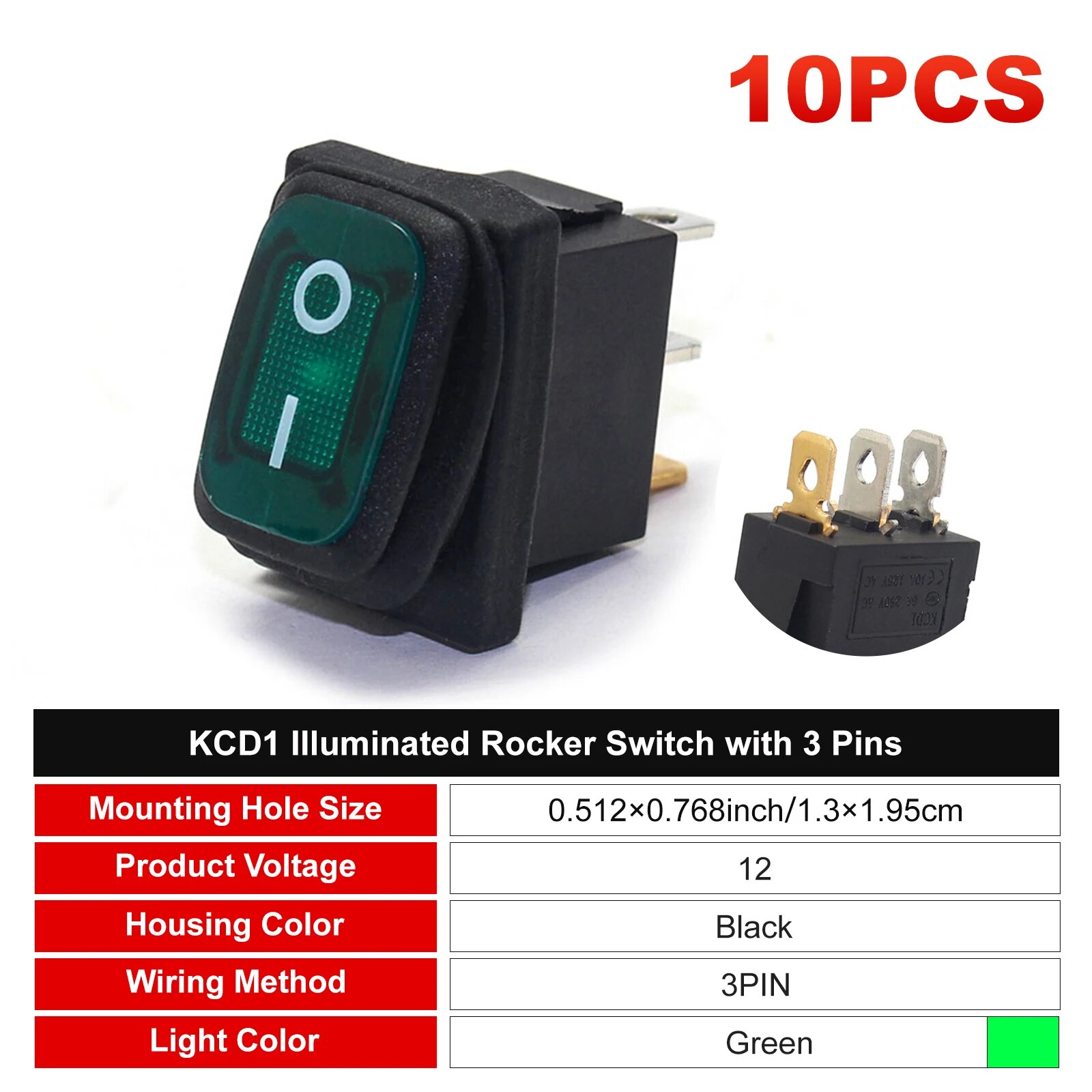 10шт. Выключатель KCD1 с подсветкой, черный, зеленый, 12V, 3PIN
