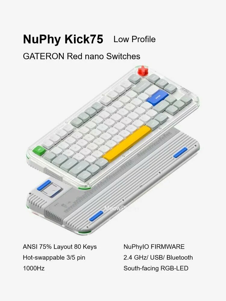 NuPhy Игровая клавиатура беспроводная Kick75, Low Profile, Red Switches, Английская раскладка, светло-серый, малиновый