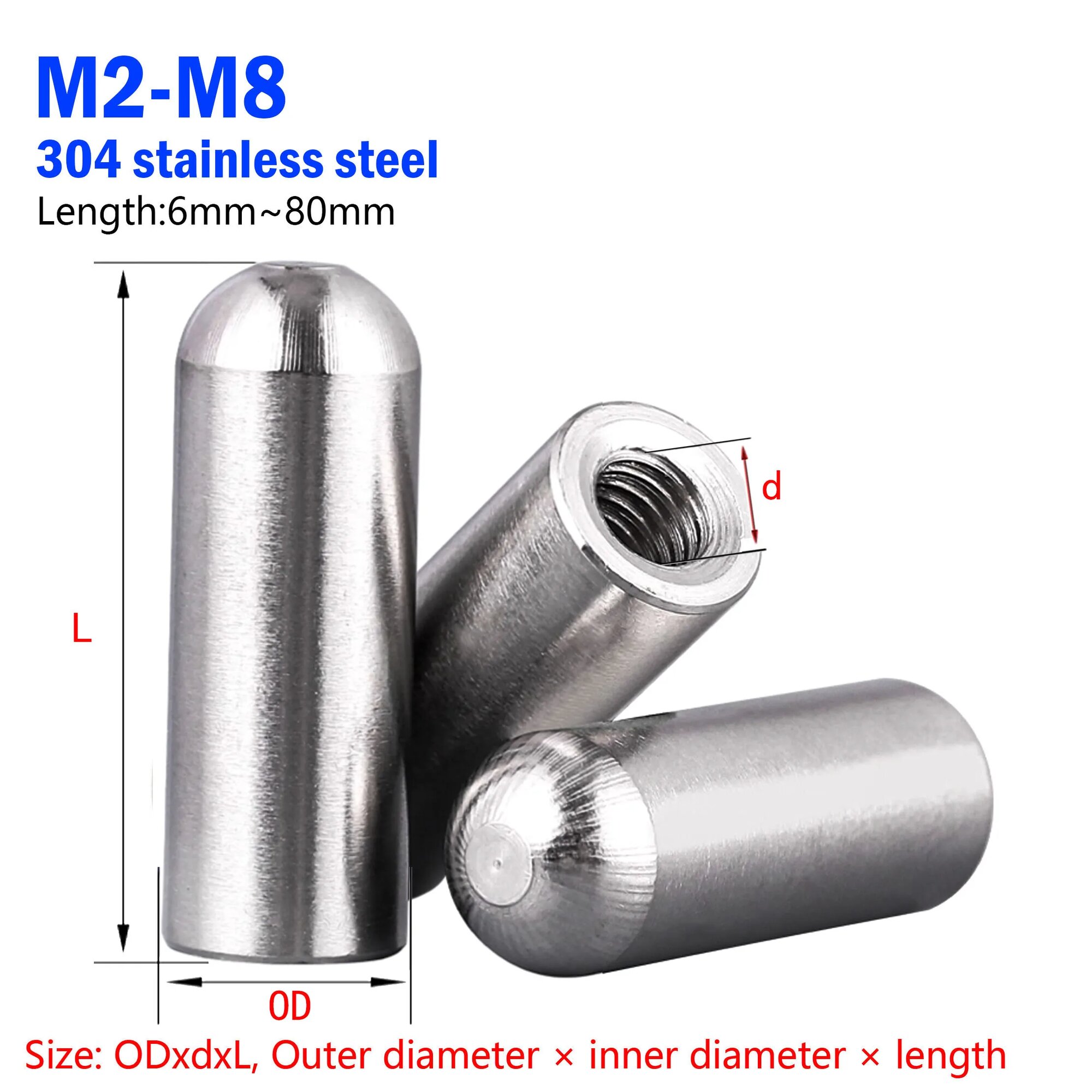 Штифт с внутренней резьбой M2-M8 из нержавеющей стали 304 OD8xM5(5Pc), 30mm
