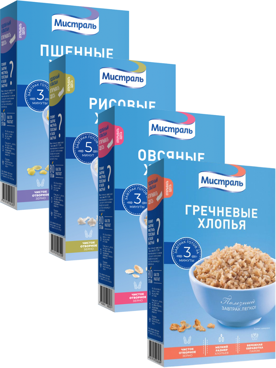 Хлопья Мистраль ассорти (рисовые, пшенные, гречневые, овсяные), 400 г * 4 шт.