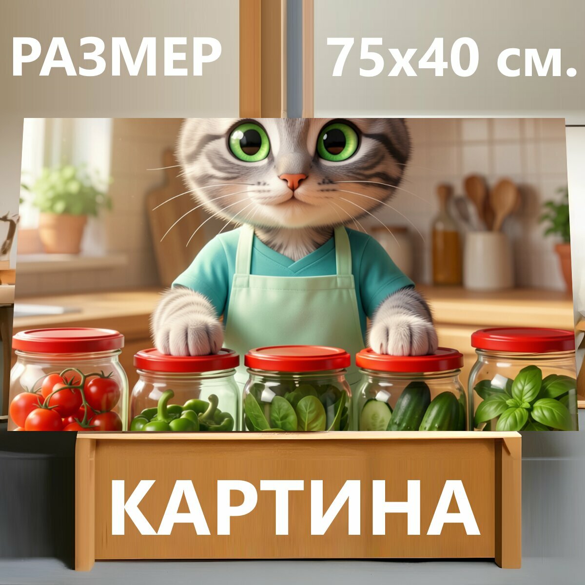 Картина на холсте "Кот на кухне с овощами. Милый мультяшный котенок в фартуке стоит на светлой кухне среди банок с томатами, перцем, огурцами и." на подрамнике 75х40 см. для интерьера