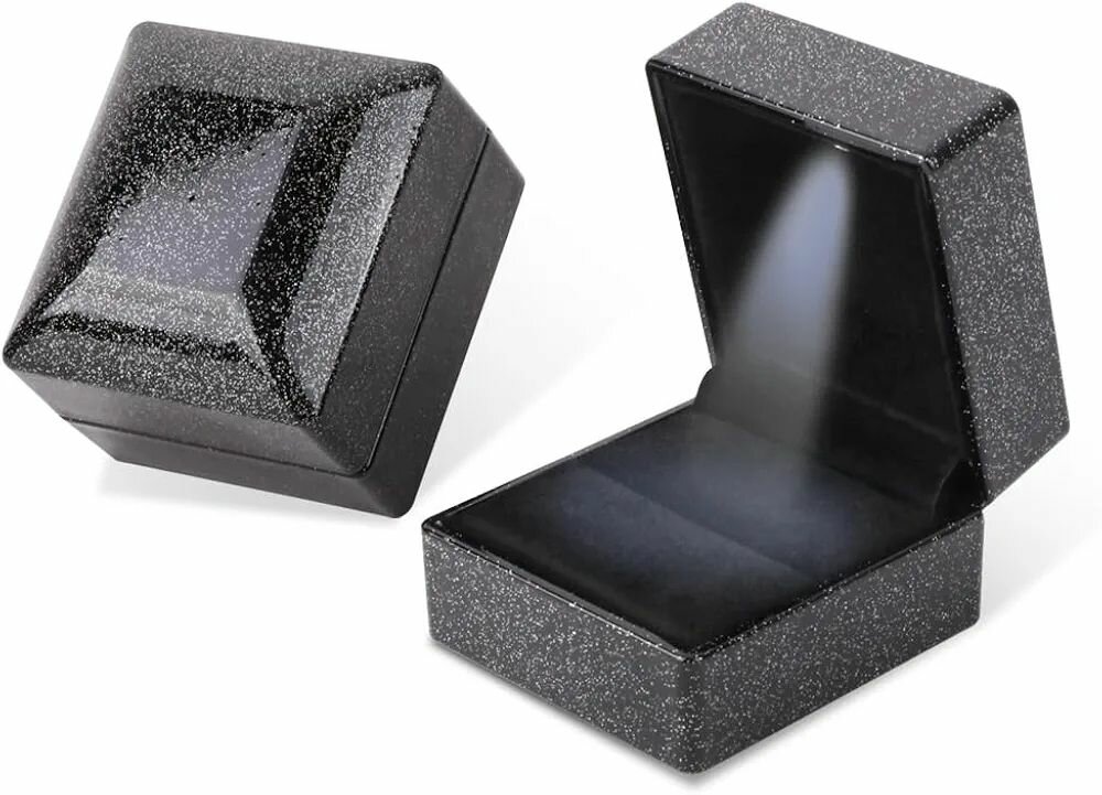 Подарочная коробка для украшений с подсветкой/черная с радужными блестками