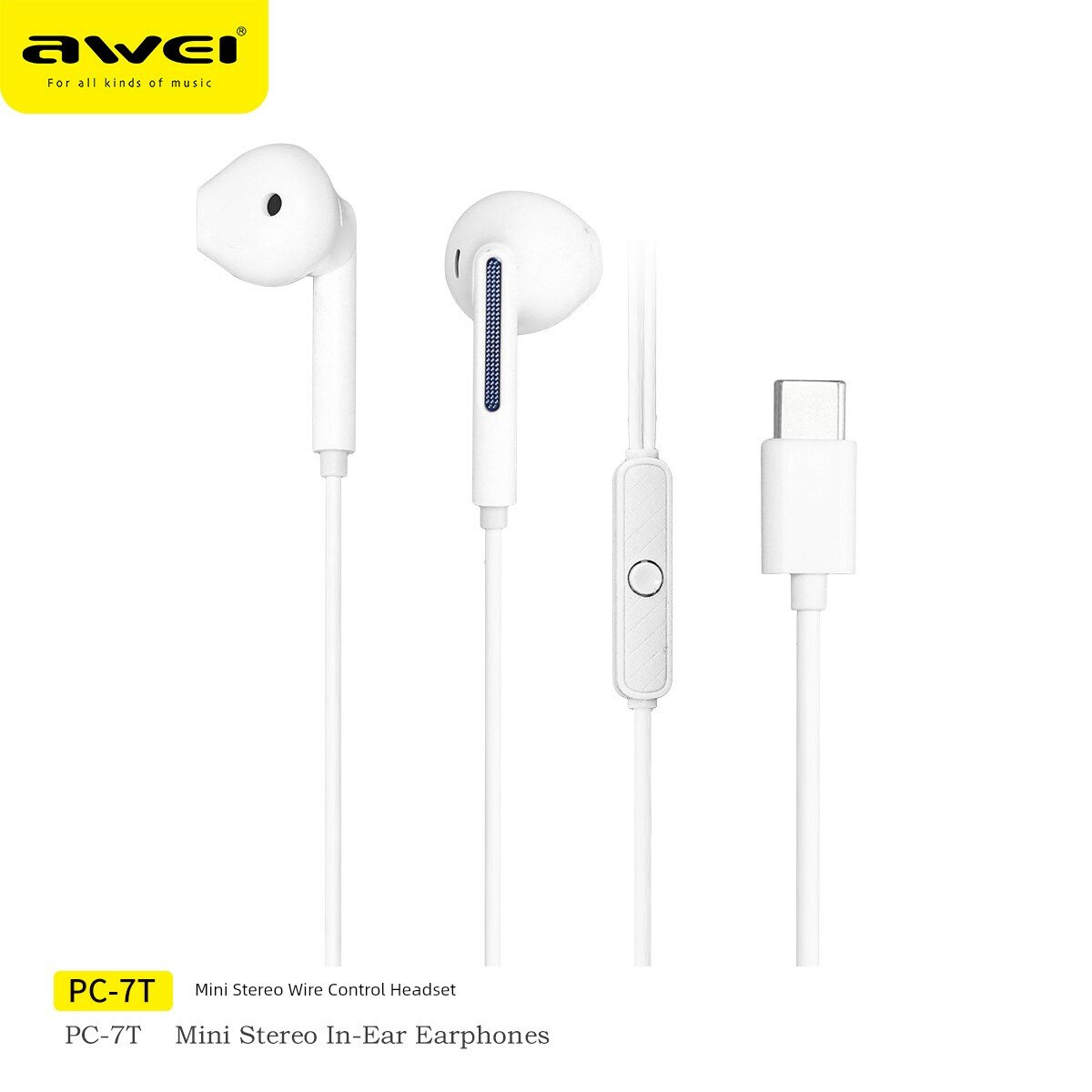 Тип-С проводные наушники-вкладыши с HIFI стереозвуком для Huawei, Xiaomi, Honor - удобная полустерео конструкция, белые