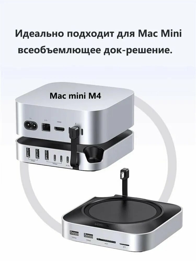 Док-станция Ugreen (USB-C Hub) для Mac Mini M4/M2/M1,4 порта, HDMI 4K, Ethernet, серебро.