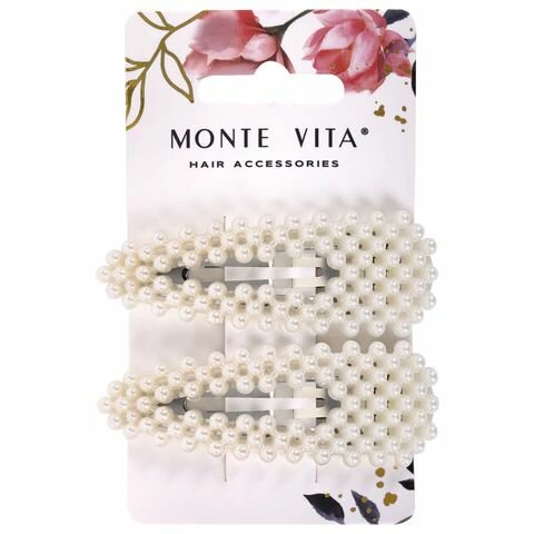 Заколки для волос набор 2 шт, 7,5х2,5 см, клик-клак, с жемчужинами, белый, MONTE VITA (монте вита), 457099