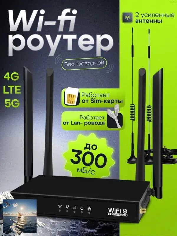 Роутер wifi с сим картой 4G LTE с 2 выносными антеннами. Поддержка Wi-Fi 4, до 300 Мбит/с