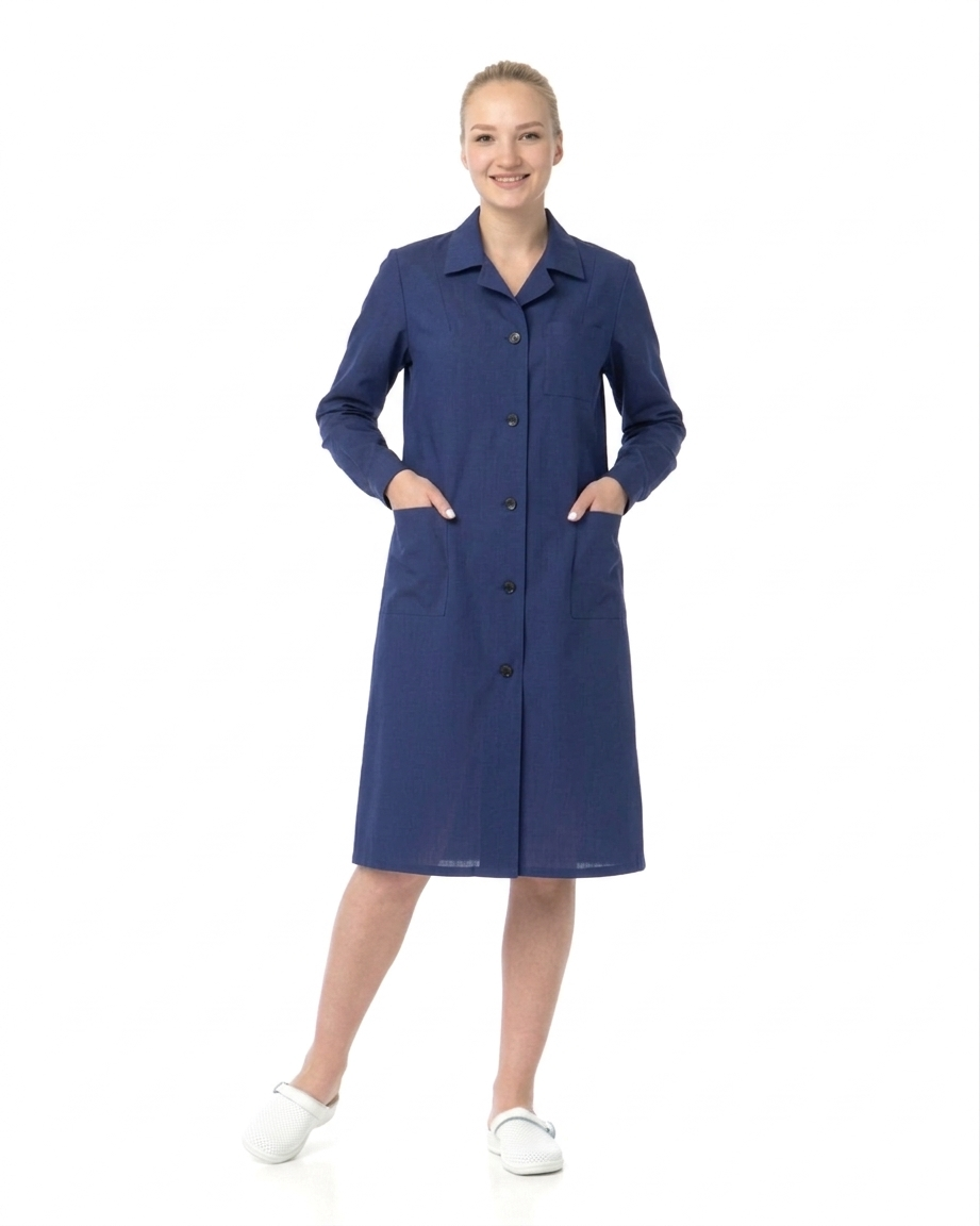Халат женский рабочий хлопчатобумажный (темно-синий) (размер 60-62, рост 158-164)
