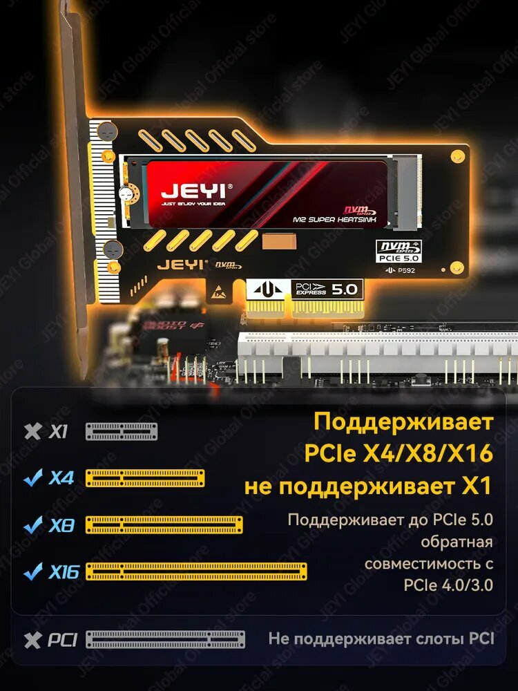 JEYI NVMe адаптер PCIe 5.0 X4 на M.2 NVMe SSD 2280/60/42/30 — фото 1