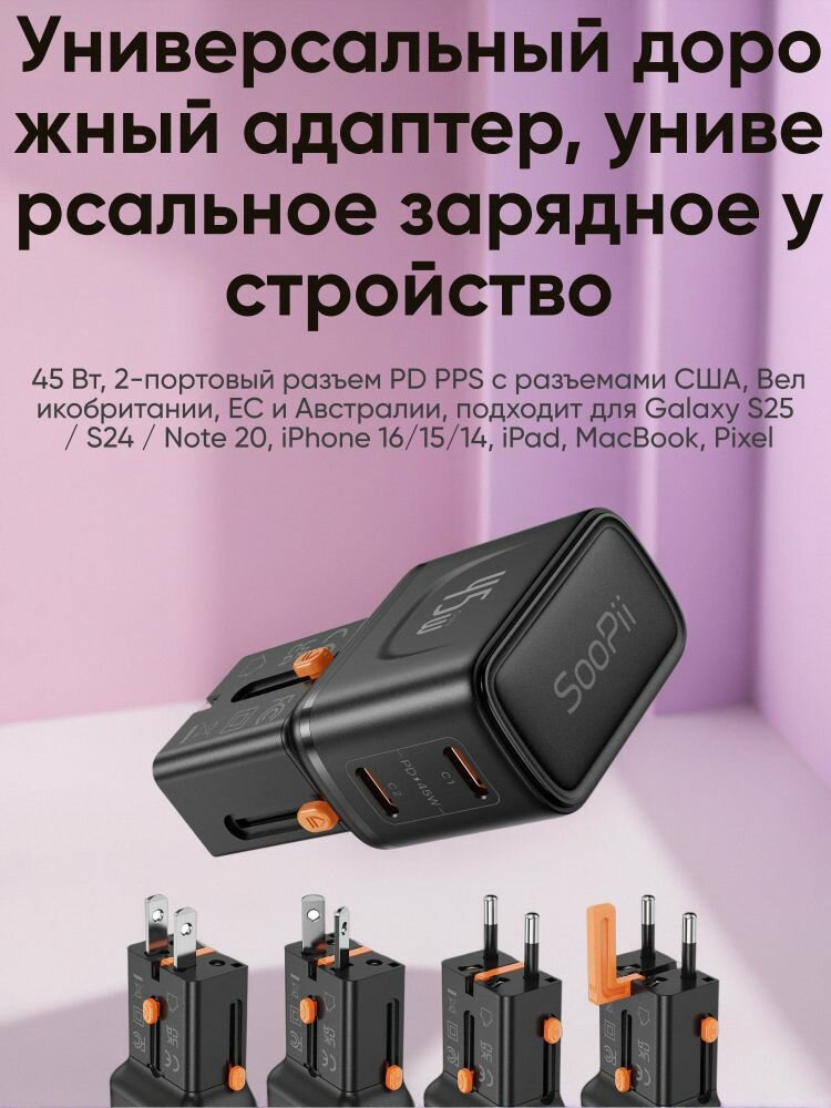 2-портовый универсальный дорожный адаптер PD PPS, универсальное зарядное устройство для путешествий, со штекером из США, Великобритании, Европейского Союза и Австралии