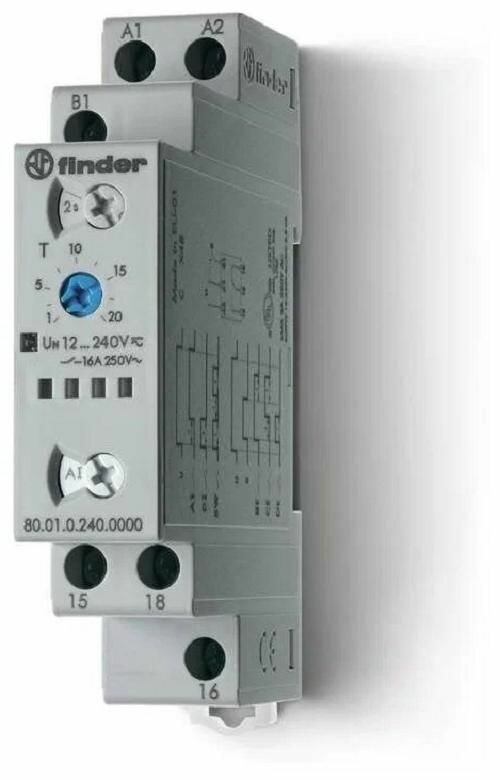 Таймер FINDER модульный мультифункциональный, AI, DI, SW, BE, CE, DE, питание 12-240В АС DC, 1СО 16 А, ширина 17.5 мм, регулировка времени 0.1 с-24 ч, IP20